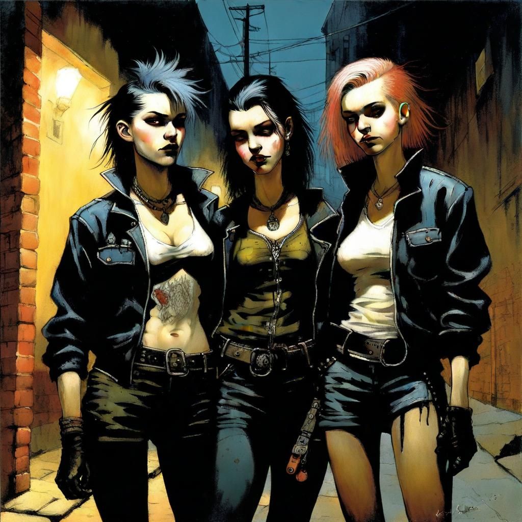 Three punk girls friends hanging out in a dark back alley at night; art ...