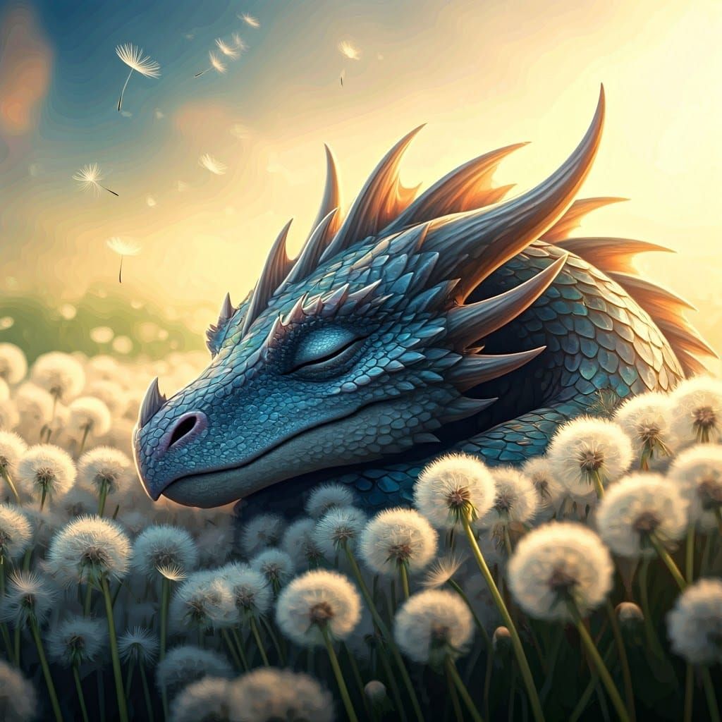 dragon sleeping in a field of dandelions