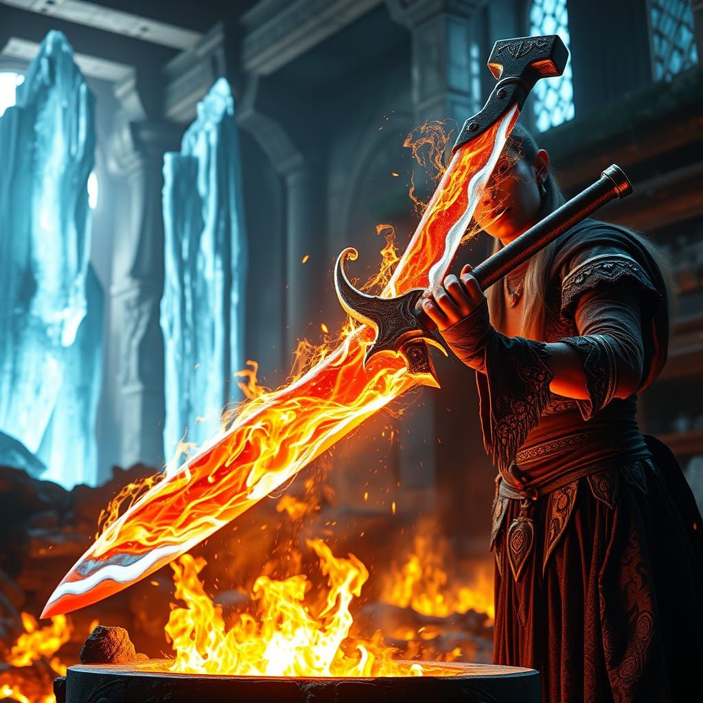 In a majestic forge, the elven blacksmith grips the hilt of a glowing ...