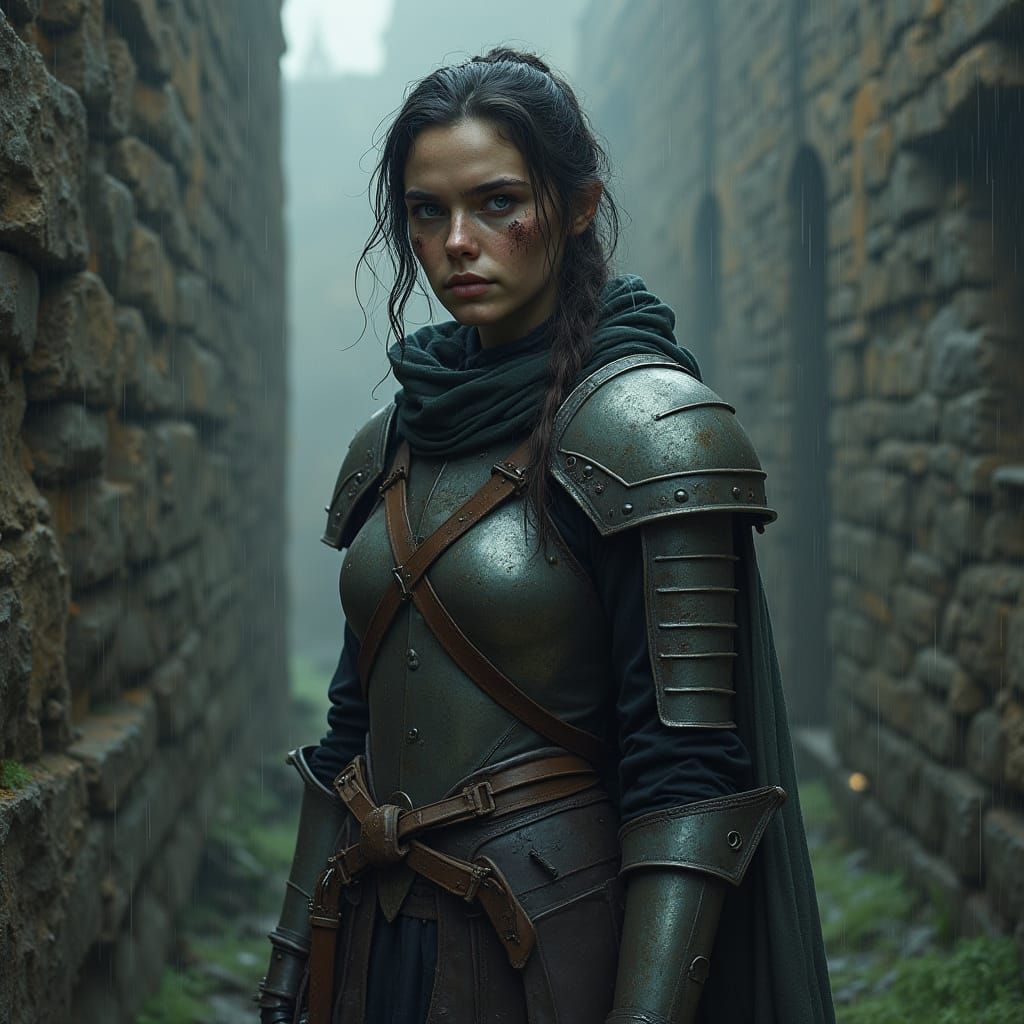 female guard - Weary Female Guard Stands Vigilant in Castl...