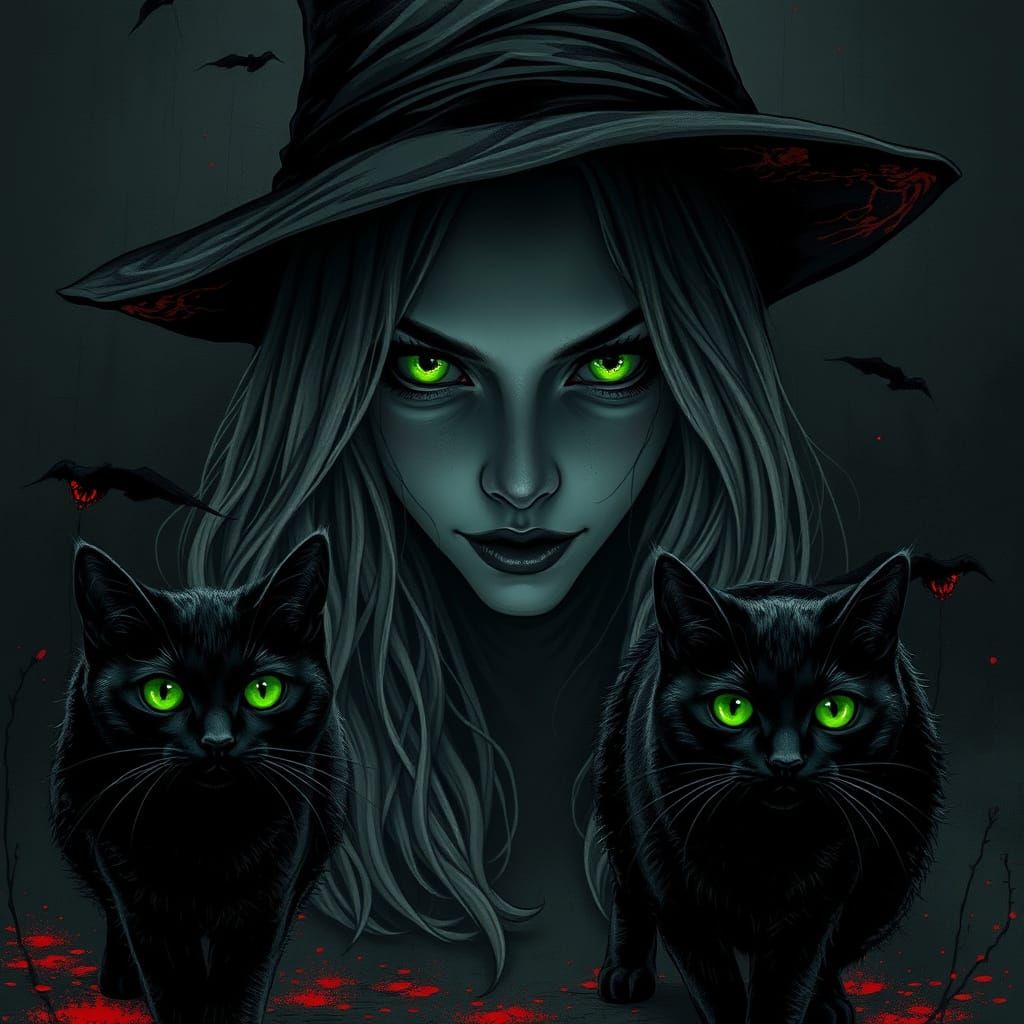 Witch and cats. - Ethereal Witch with Feline Companions in V...