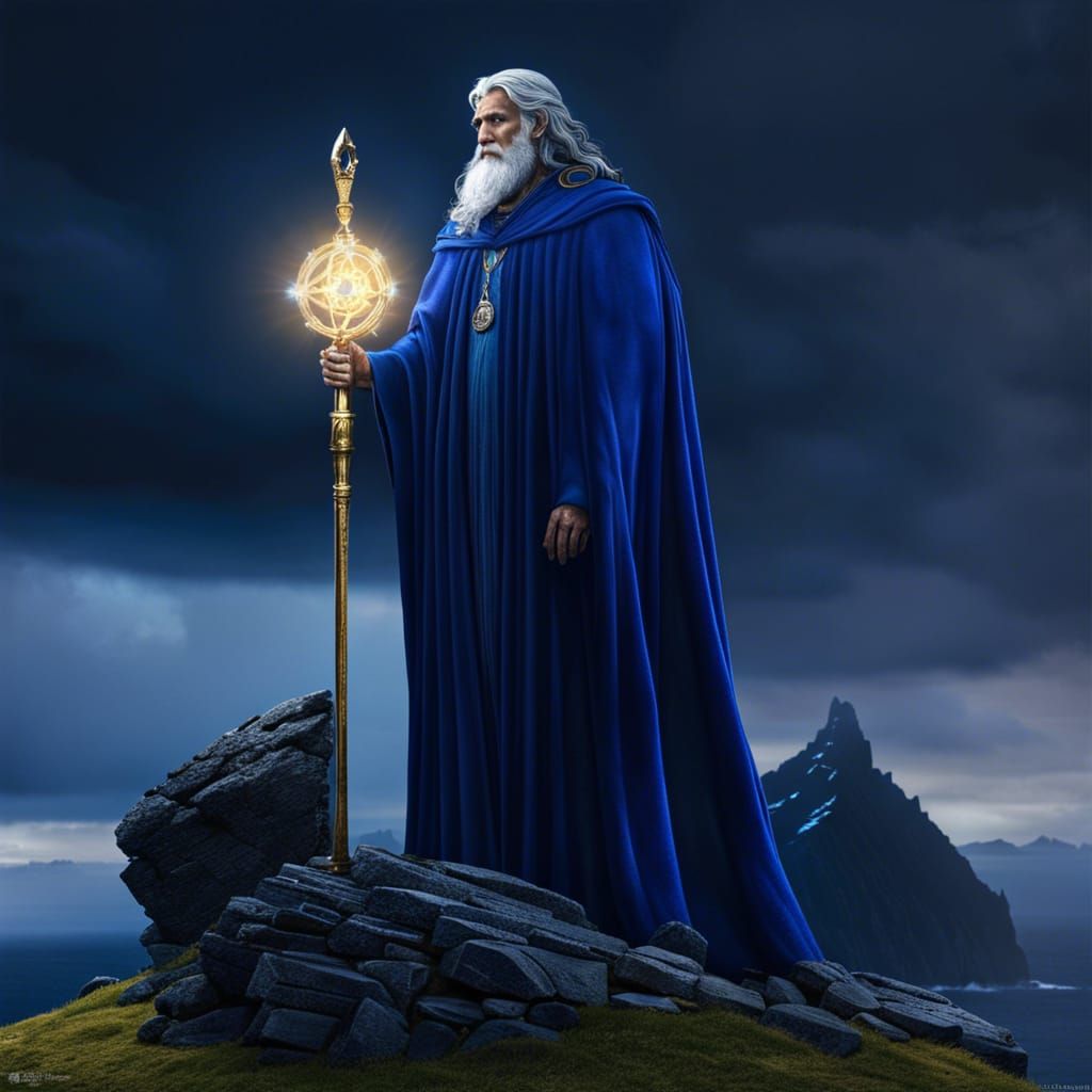 tall Merlin standing on a large stone made of Lapis Lazuli, gold robe ...
