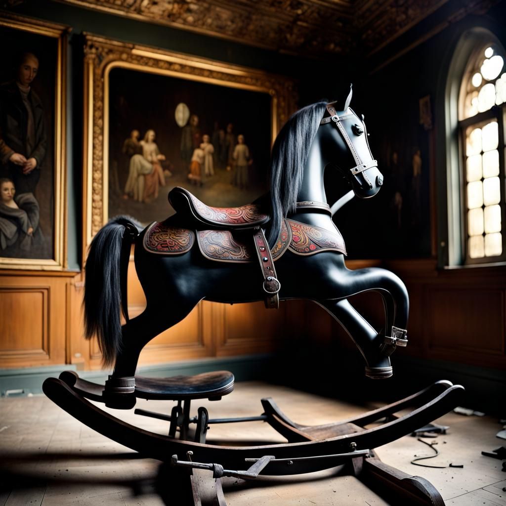 A black rocking horse, in the middle of an abandoned play room, gothic ...