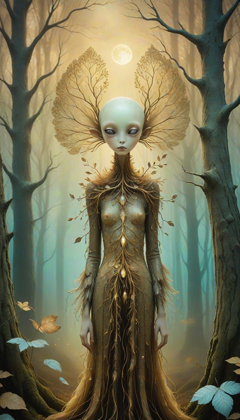 A magical alien stands in a mystical forest.