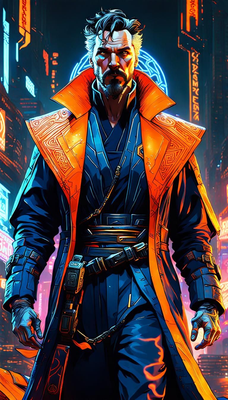 Doctor strange, cyberpunk 2077, neon, realistic, neon orange magic - AI ...