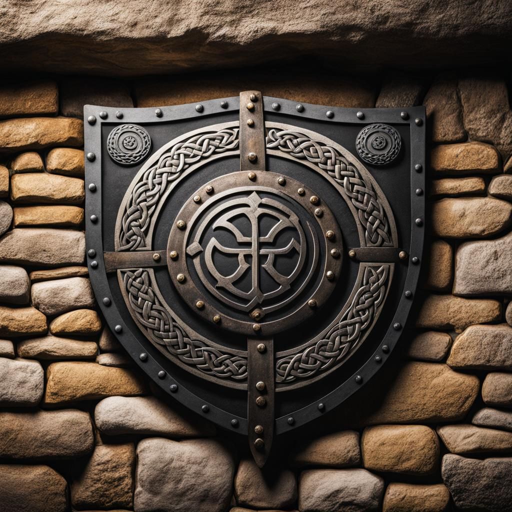 Ancient wall inside of castle, battle shields hanging on wall , Celtic ...