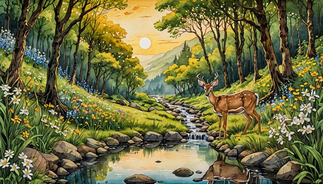 A beautiful hyperdetailed quiet, wooded valley. A doe drinking from a ...