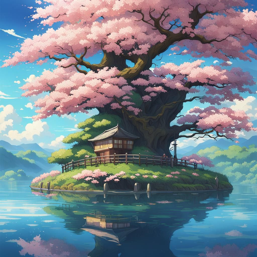 Cherry Blossom Tree on A Island - AI Generated Artwork - NightCafe Creator