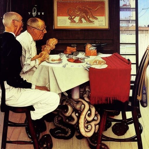 Norman Rockwell’s Four Freedoms; having a whole octopus for dinner - AI Generated Artwork ...