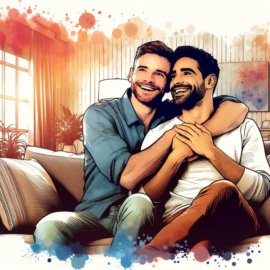 Male couple hugging on a sofa - AI Generated Artwork - NightCafe Creator