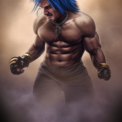 A muscular noble man with blue messy medium length hair, a blue tank ...