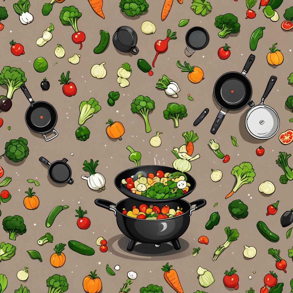 Chibi vegetables hopping on a table and finally jumping into cooking ...