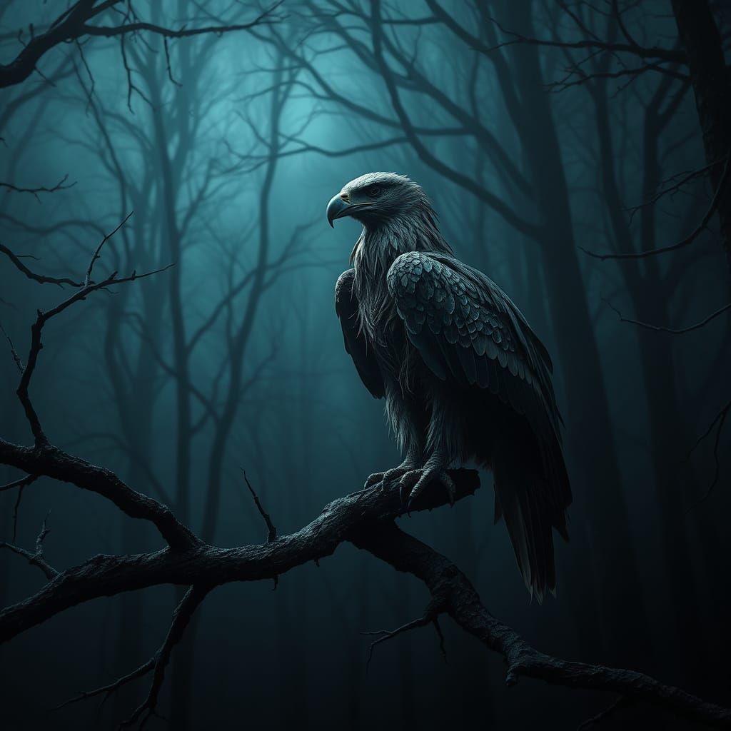 Eagle in horror style - Eagle Perched in Dark Forest, Gothic...