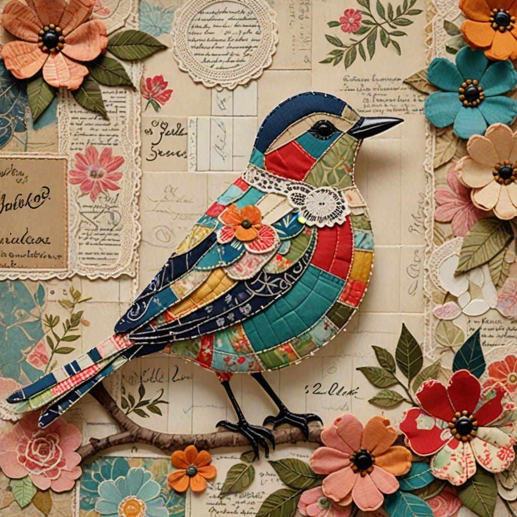 A whimsical bird designed with colorful patchwork fabric pieces ...
