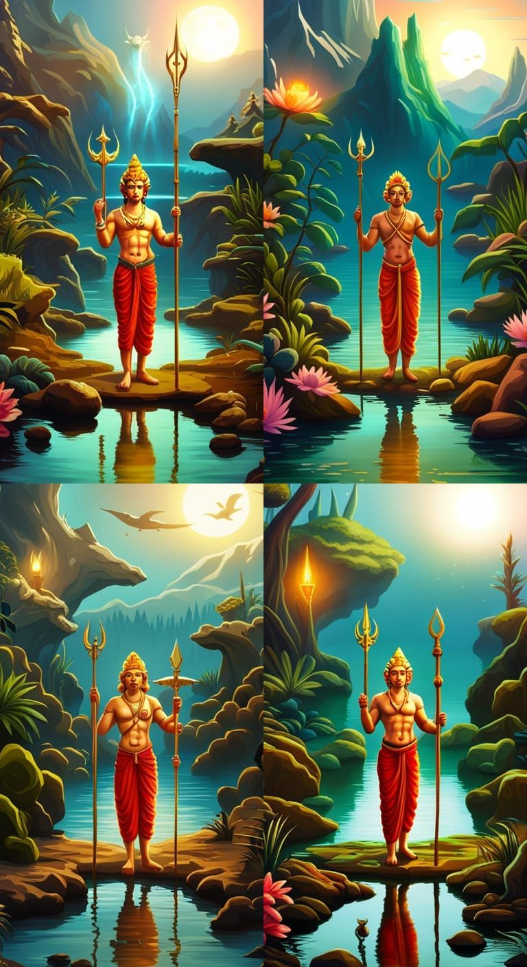 dattatreya hindu yogi god holding trident and objects standing on pond ...