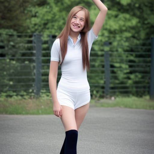 skinny Girl smiling and wearing knee high long white socks - AI ...