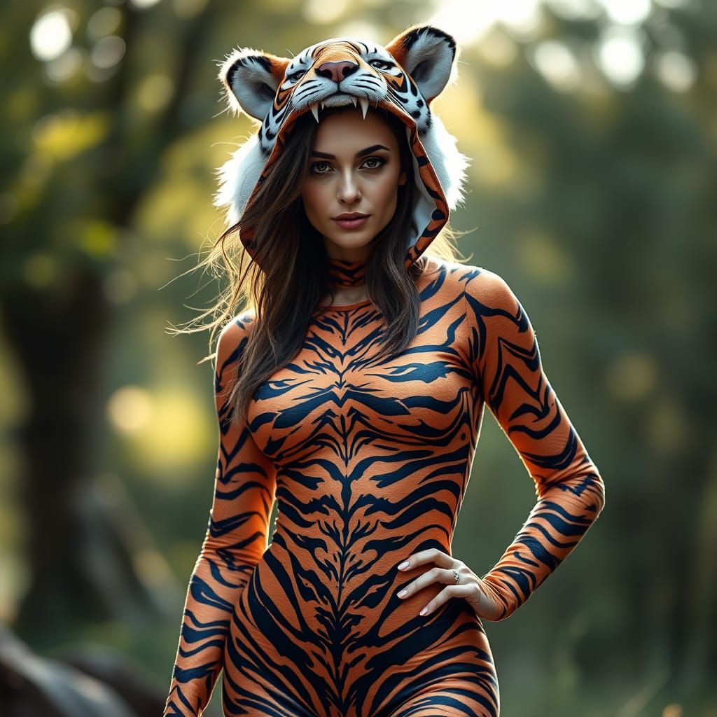 Glamorous Tiger Goddess in Elegant Feline Attire - AI Art