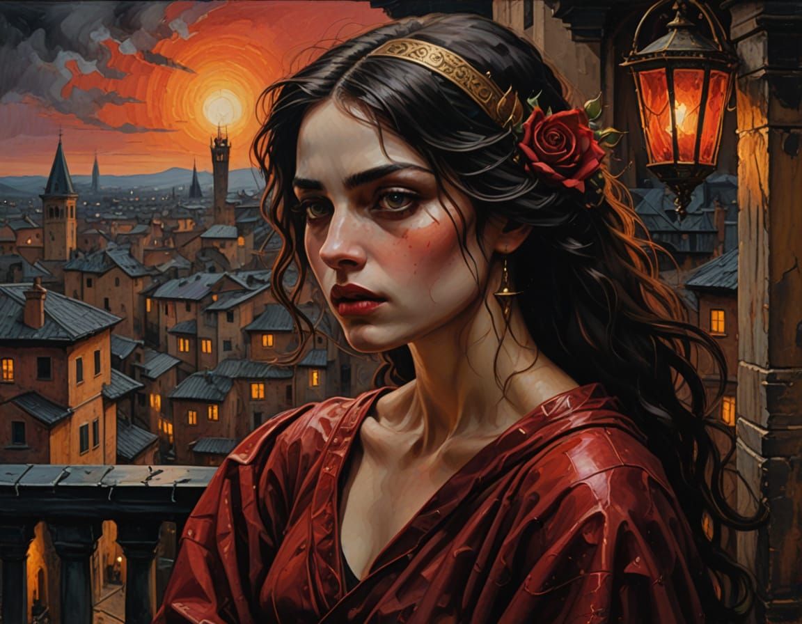 Romeo & Juliet in Crimson & Gold: A Haunting Surre... - AI Art