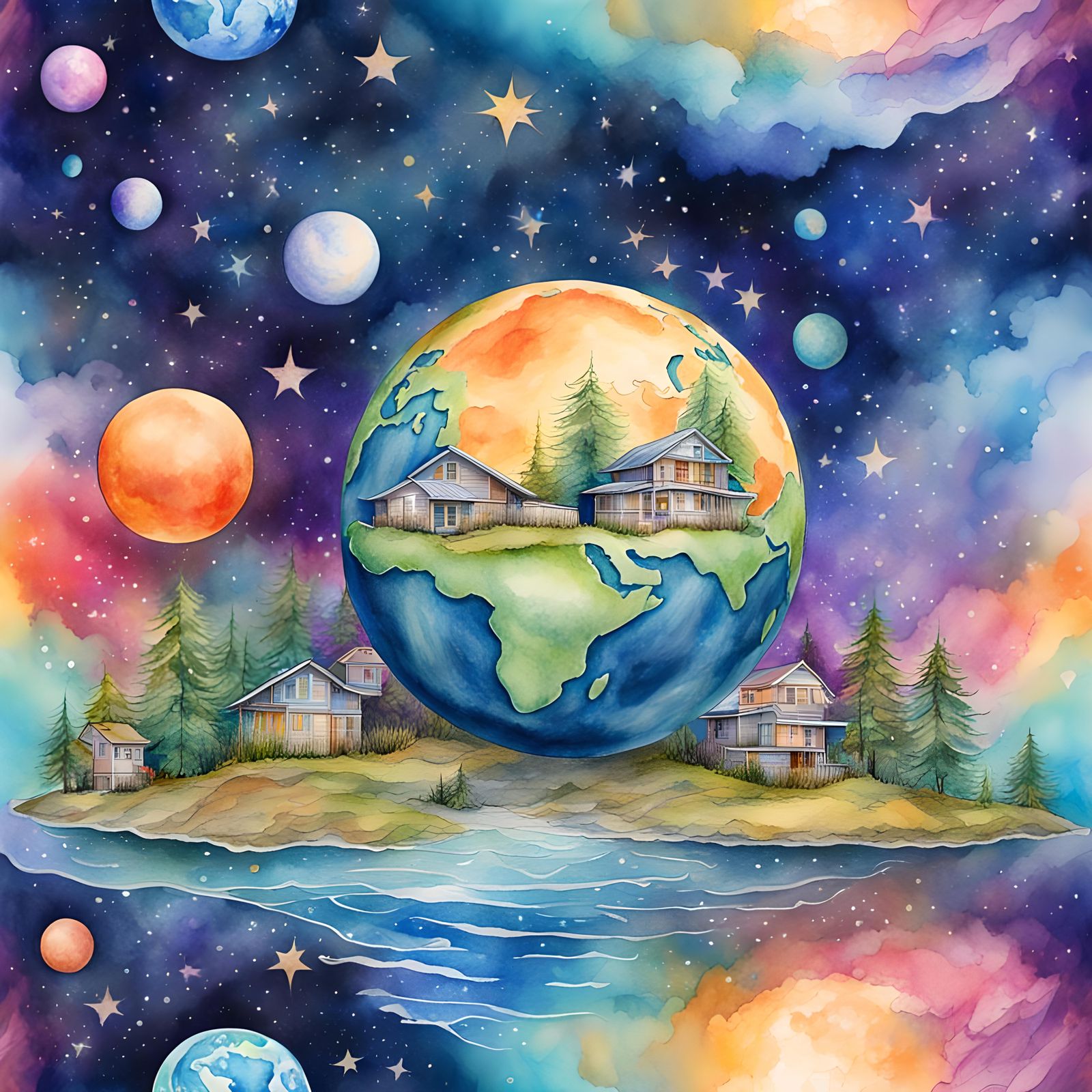 Watercolour of one earth one home, in the style of a water colour. High ...