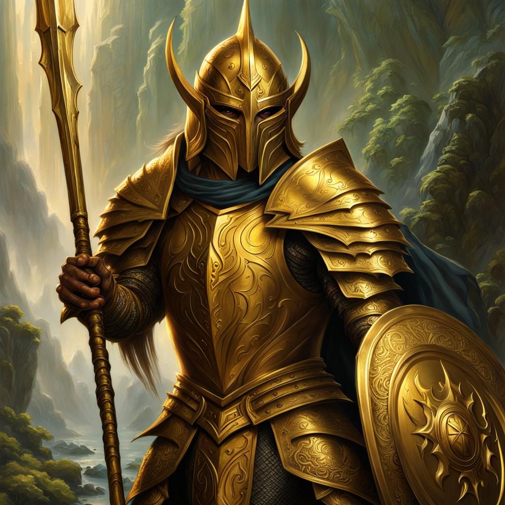 Tolkien Elf warrior, gold armor, gold shield, style of Jeff Easley - AI ...