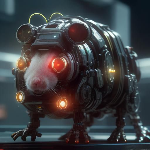 Cyborg hamster intricate mech details, ground level shot, 8K resolution ...