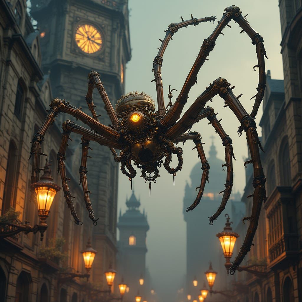 A steampunk automaton spider gracefully descends from a Victorian-era ...