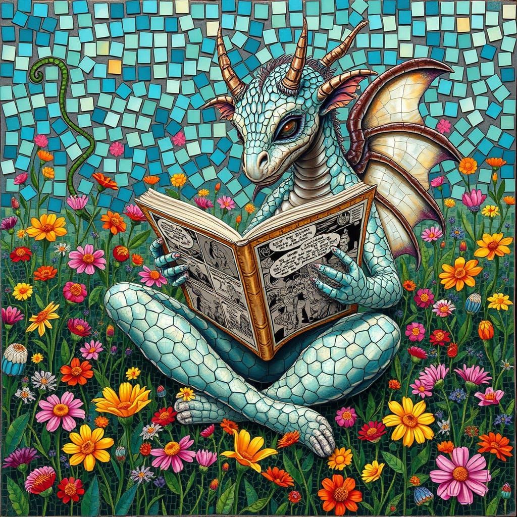 Monster Mosaics: monster reading a comicbook in a flower meadow mosaic