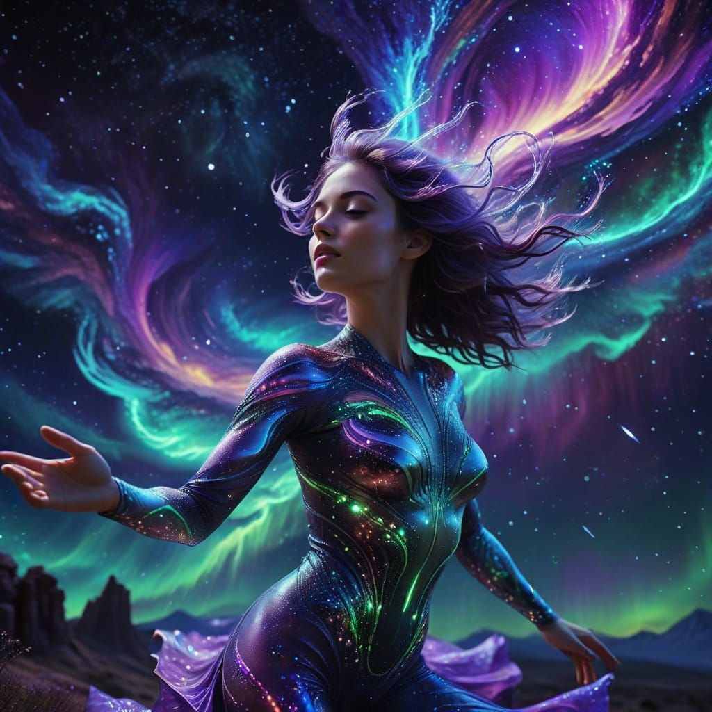 Aurora Girl - Ethereal Cosmic Dancer in Vibrant Astral Glow