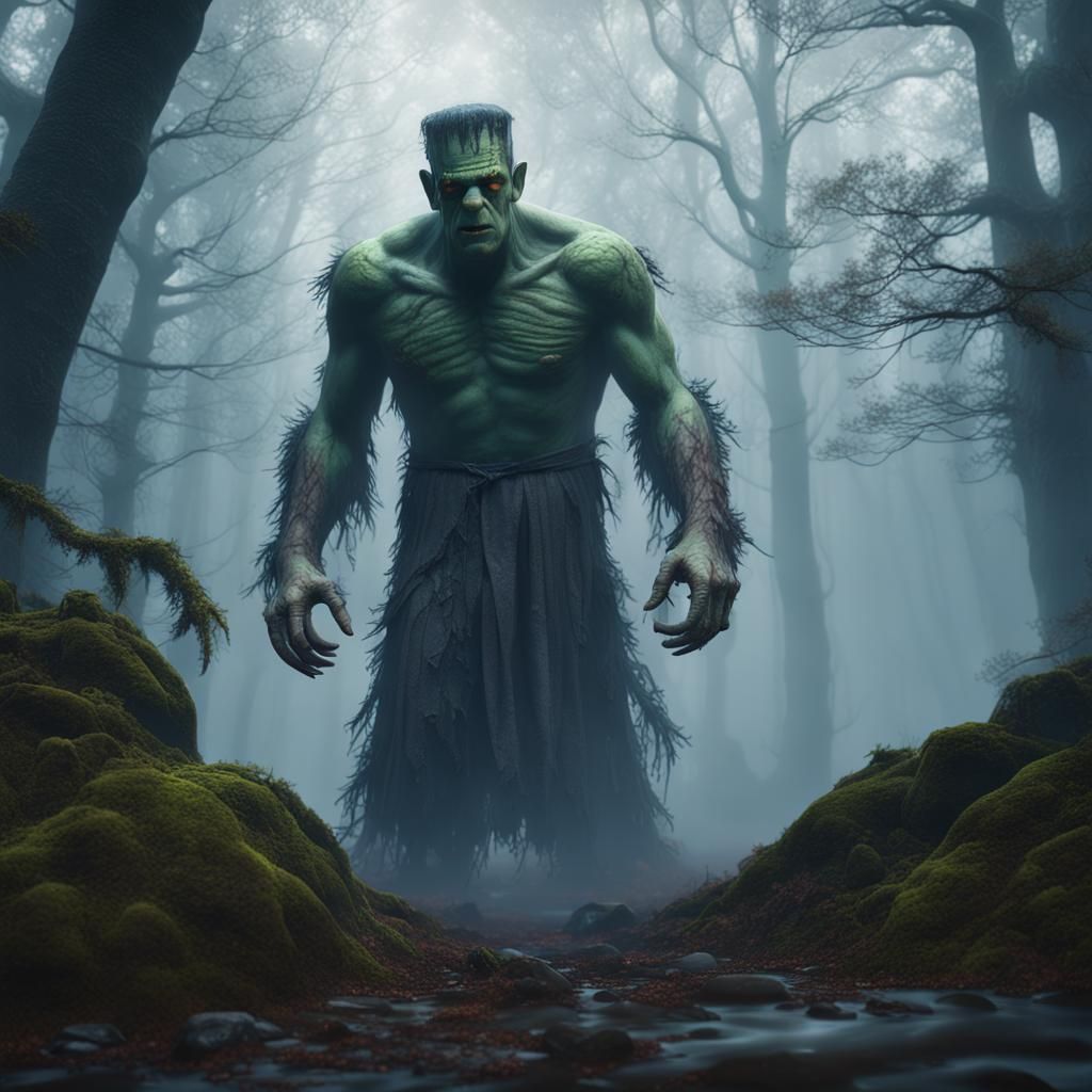 Frankenstein's monster in mist shrouded forest - AI Generated Artwork ...