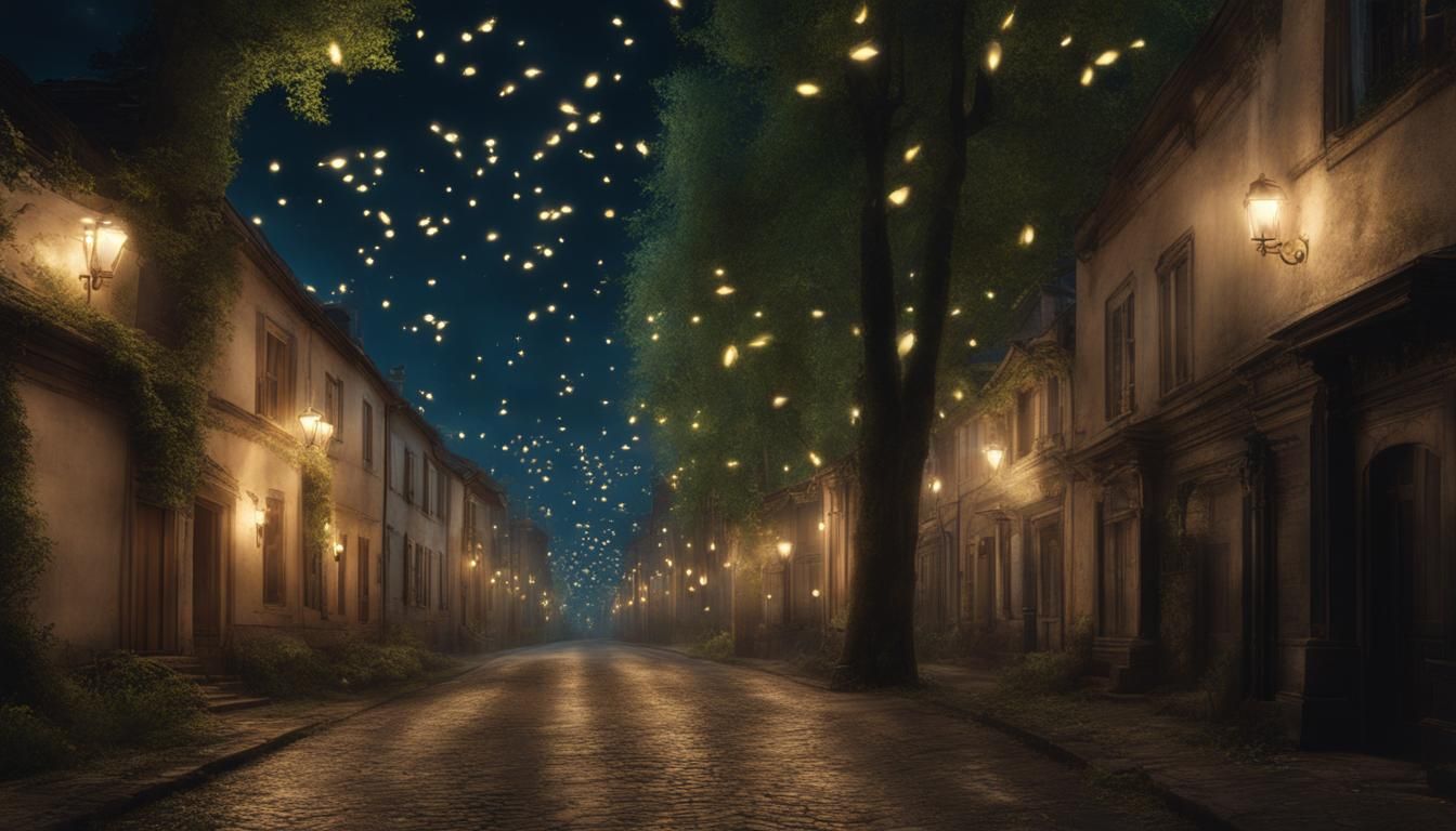 a street full of ghosts walking with Fireflies flying around ...