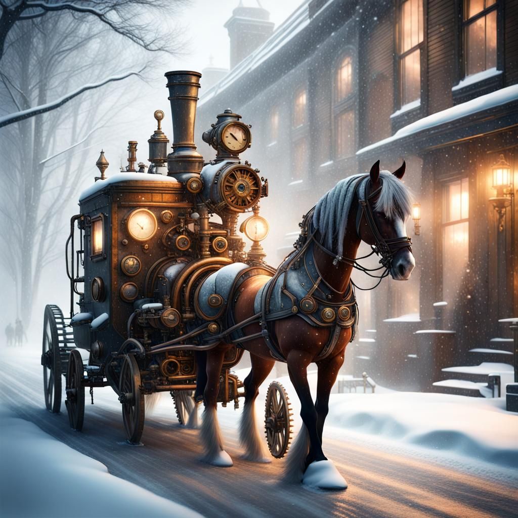Steampunk/Steampunk horse and its team caught in a snowstorm/Snow ...