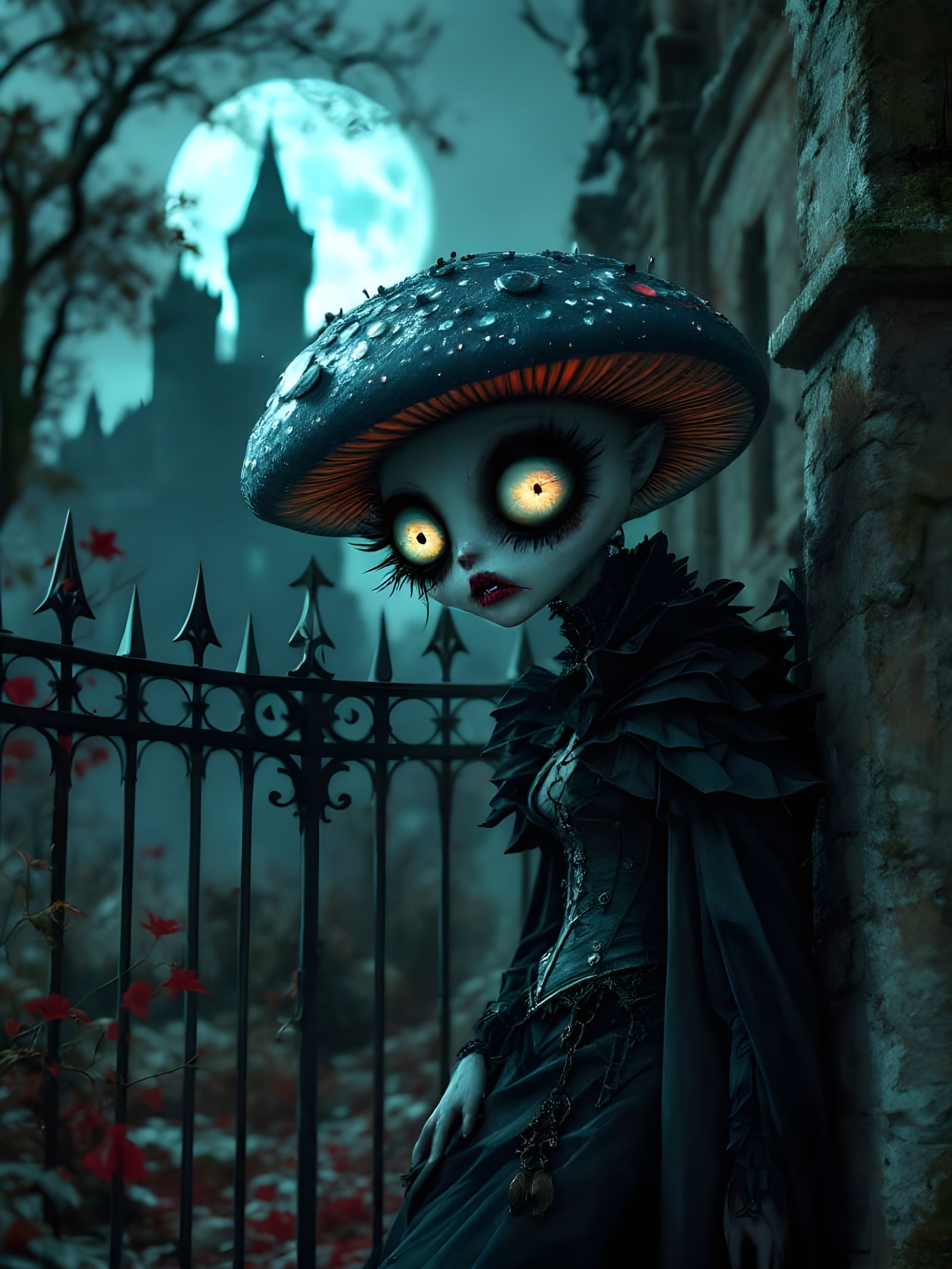 Crazy Goth Shroom - Gothic Mushroom Lady in Haunting Moonlit...