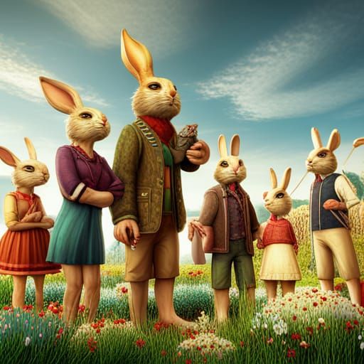 Big Family of rabbit people, country side , father,mother sons and ...