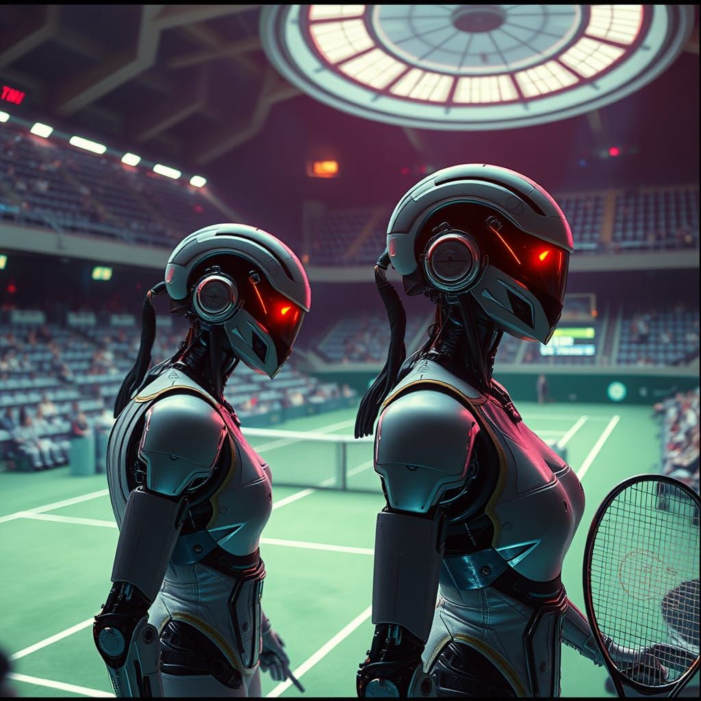 Cyborg Tennis Players in Cyberpunk Wimbledon - AI Art