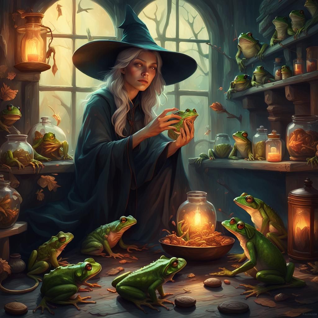 A very beautiful witch inside her house full of frogs and little rats ...