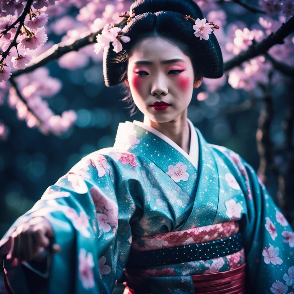 Dancing Geisha with a dreamy glittering cherry blossom kimono - AI ...
