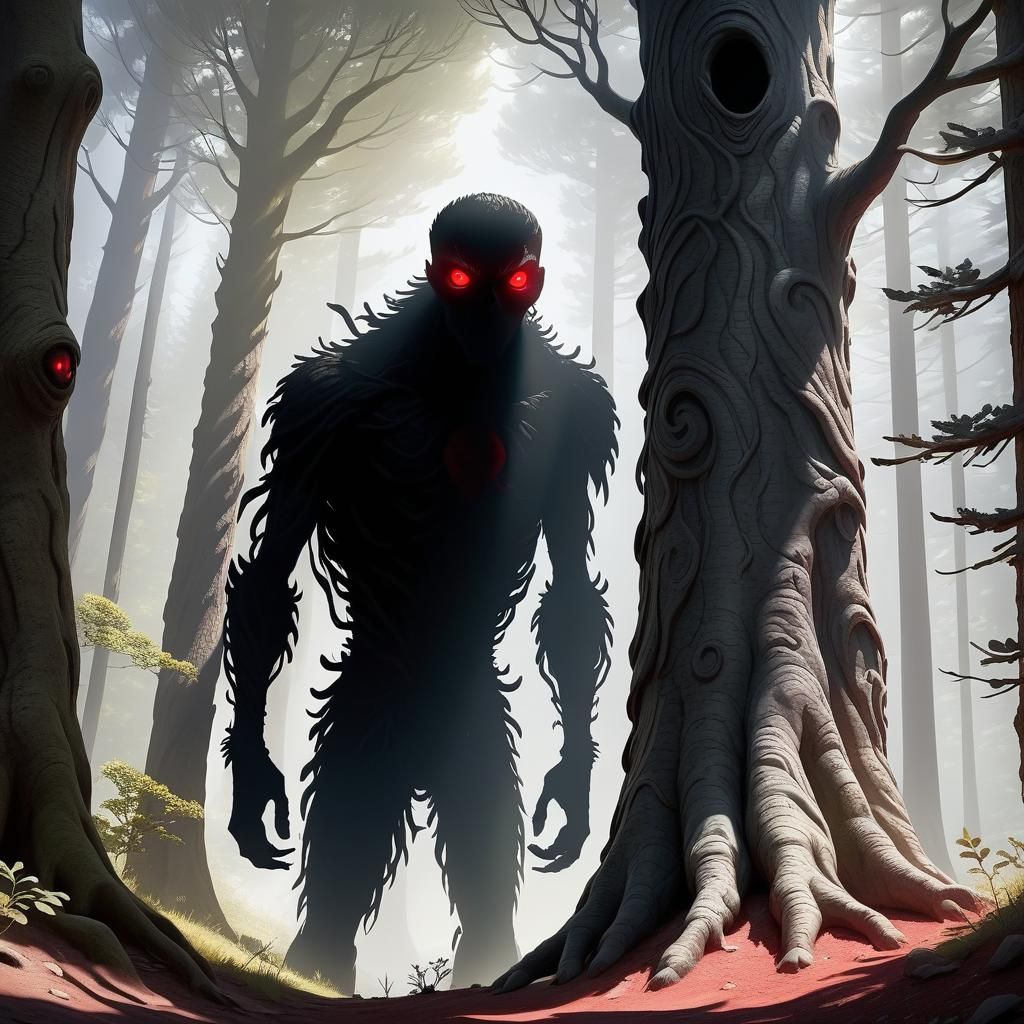 a shadow creature with red eyes standing behind a tree - AI Generated ...