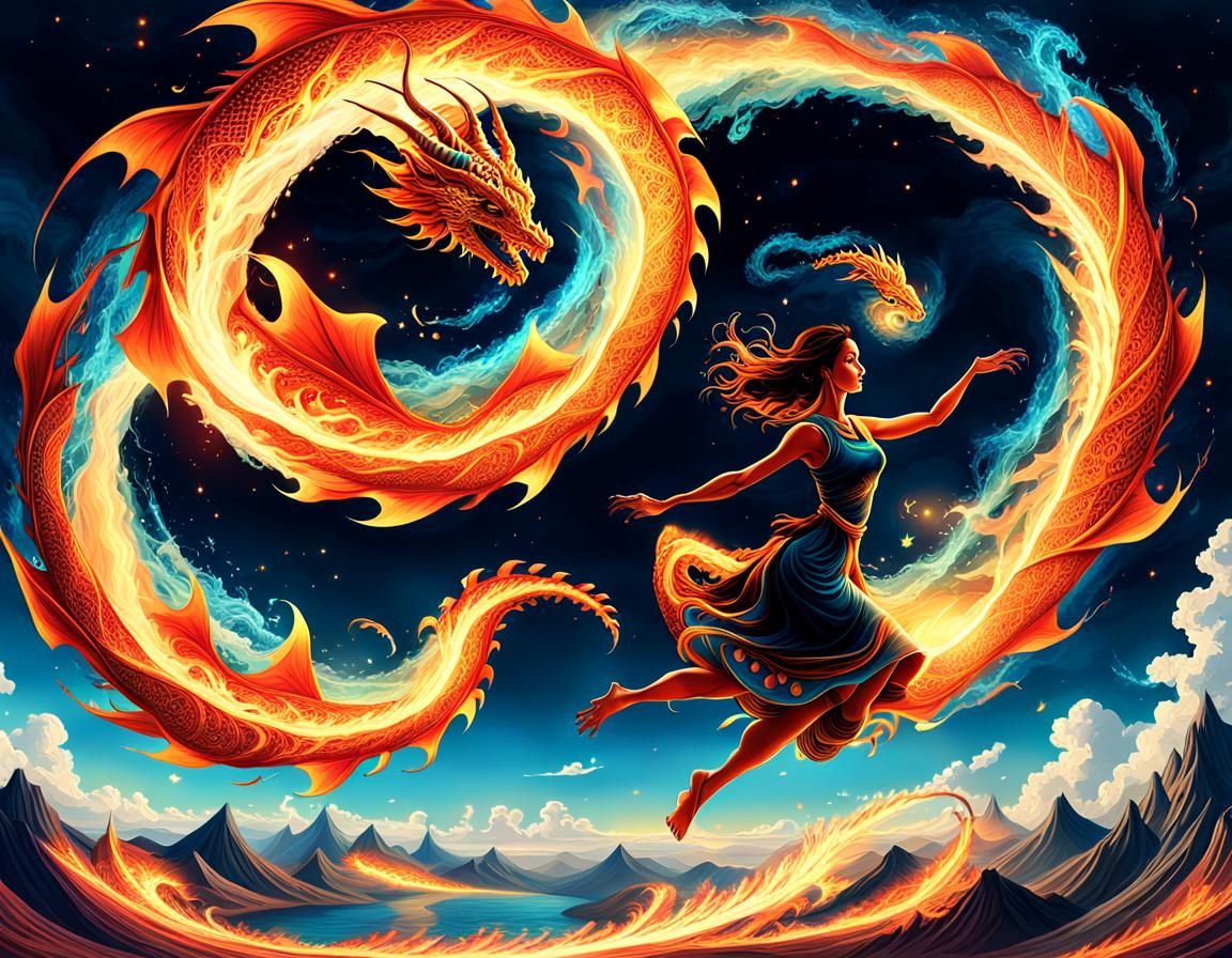 Flying_Fire_Dragon_and_a_Flying_Woman giving the impression of swimming ...