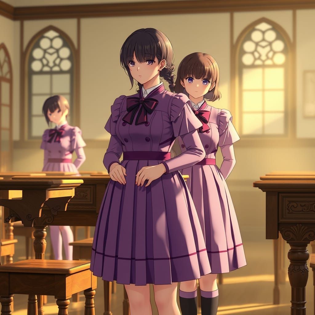 Victorian-Inspired Schoolgirls in Elegant Purple P... - AI Art