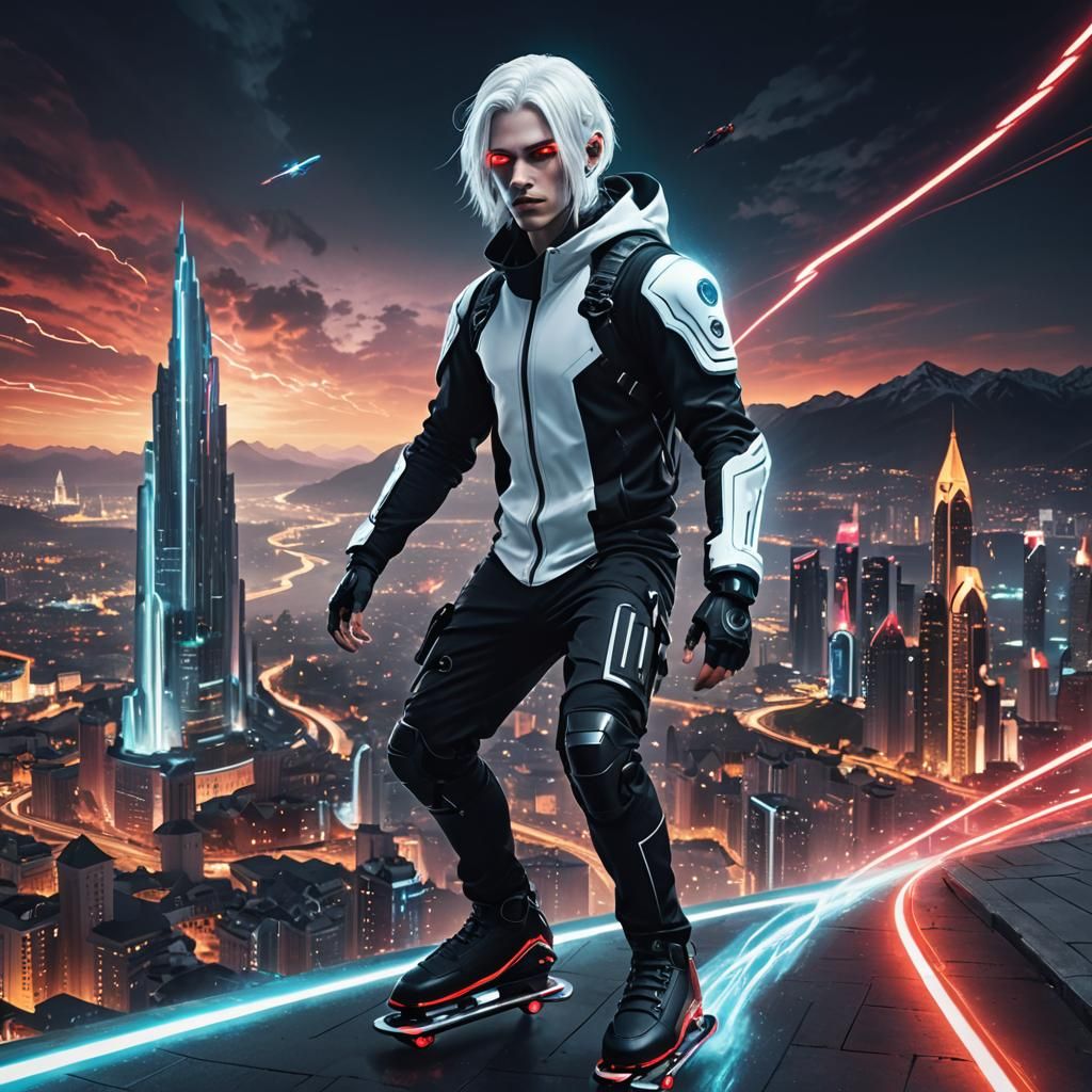 Dinamic Scene of Young Cyber Emo Guy with white half long hair, in dark ...