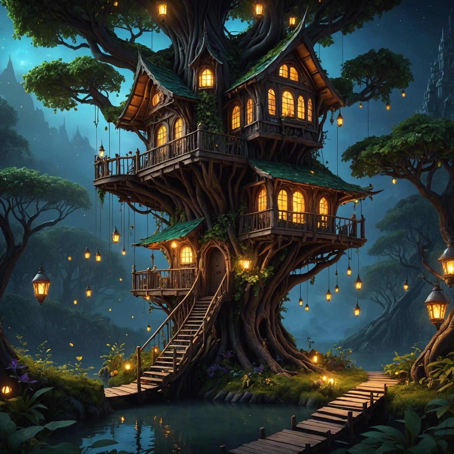 Fabulous elven treehouse - AI Generated Artwork - NightCafe Creator