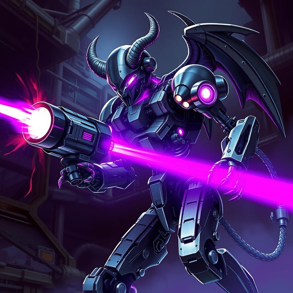 Demon Robot With Purple Laser - Cyberpunk Demon Robot Unleas...