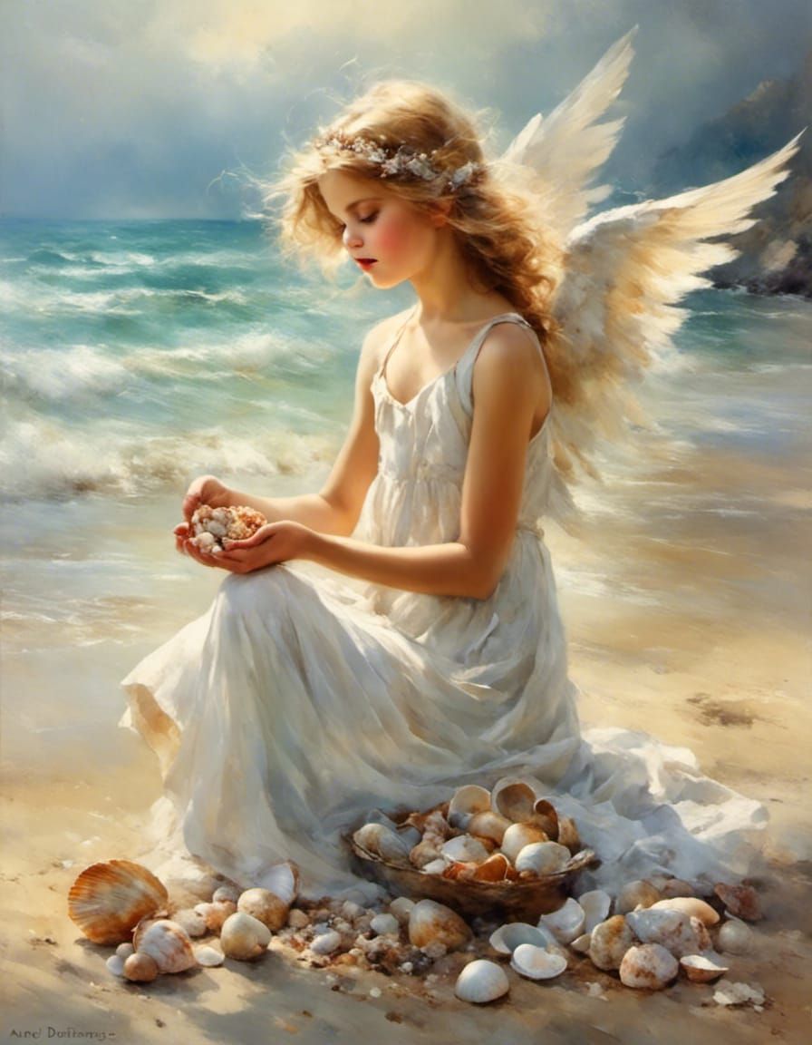 An angel collecting shells on the beach - AI Generated Artwork ...
