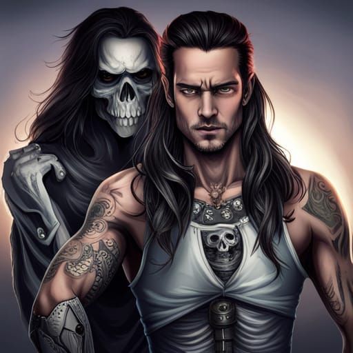 a longhaired heavy metal human man with skin and tattoos taking a ...