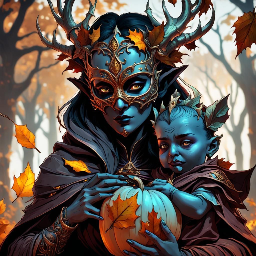 an archfey queen wearing a mask covering her whole face, dark and ...