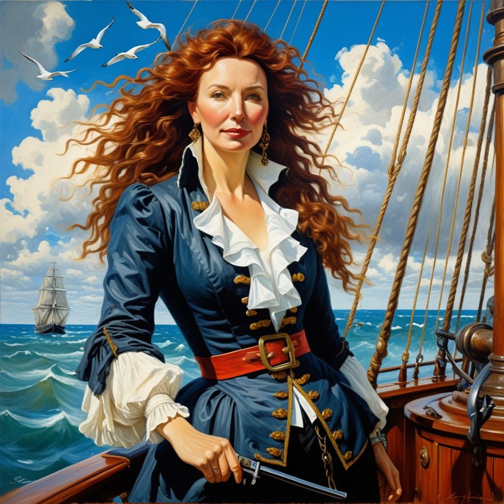 Ann Bonny - Beautiful Pirate With Red Hair on Sailing Ship