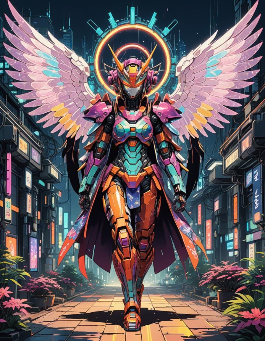 Winged Robot Samurai in Neon-Lit Cityscape - AI Art