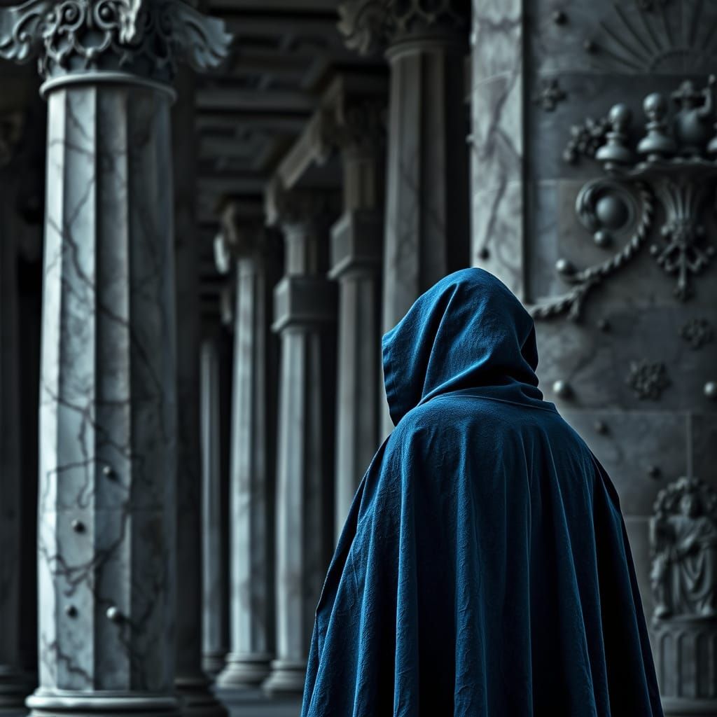 Monumental Figure in Blue Cloak Set Against Ancien... - AI Art