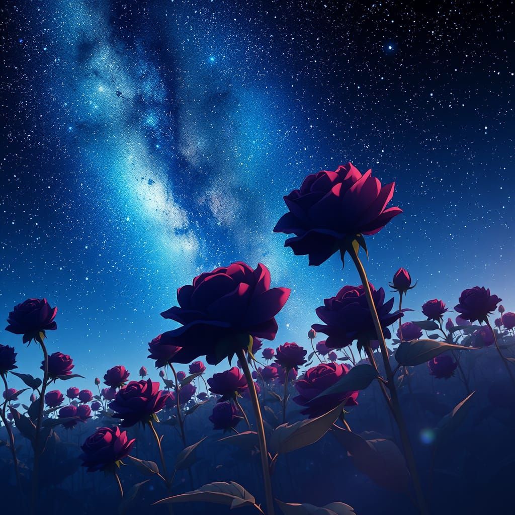 Starry black rose field at night - Ethereal Anime Landscape ...