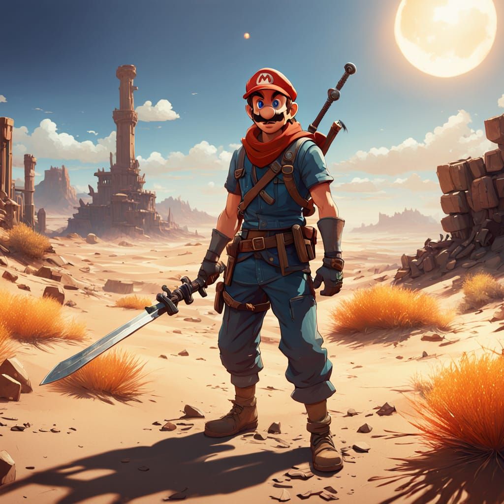 Mario in a Post-Apocalyptic Desert Landscape, Anim... - AI Art